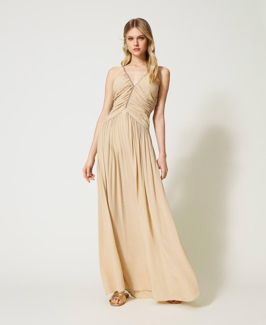 Vestido largo con drapeado Mujer, Beige | TWINSET Milano