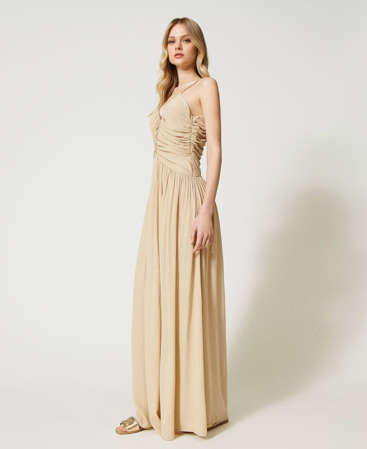Vestido largo con drapeado Mujer, Beige | TWINSET Milano