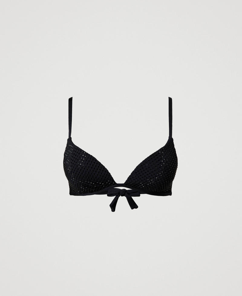 Mesh triangle bikini top with rhinestones Woman, Black | TWINSET Milano