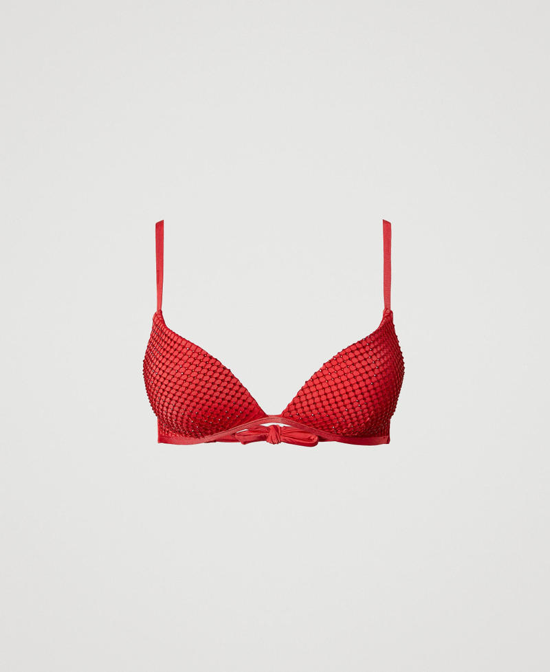 Mesh triangle bikini top with rhinestones Woman, Red | TWINSET Milano