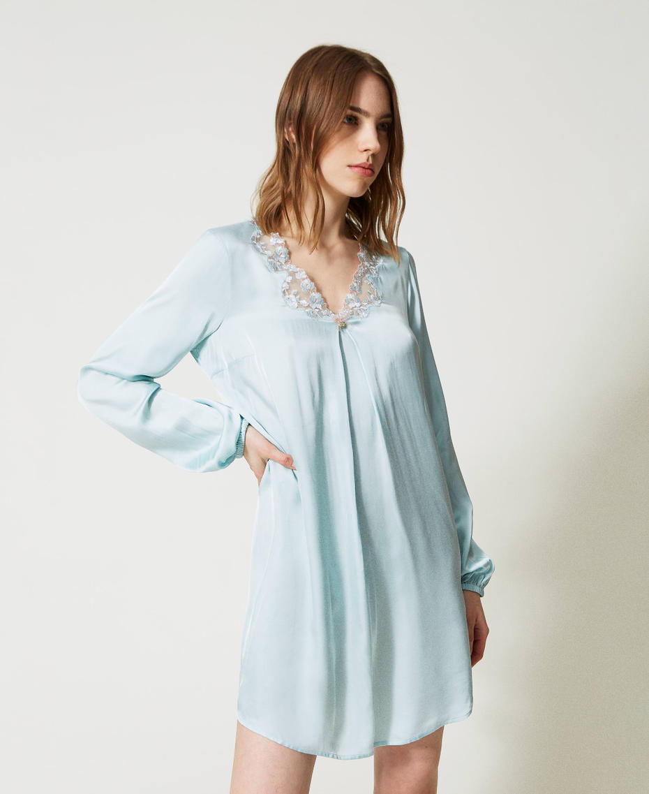Camicia da notte in raso e pizzo Donna, Azzurro | TWINSET Milano