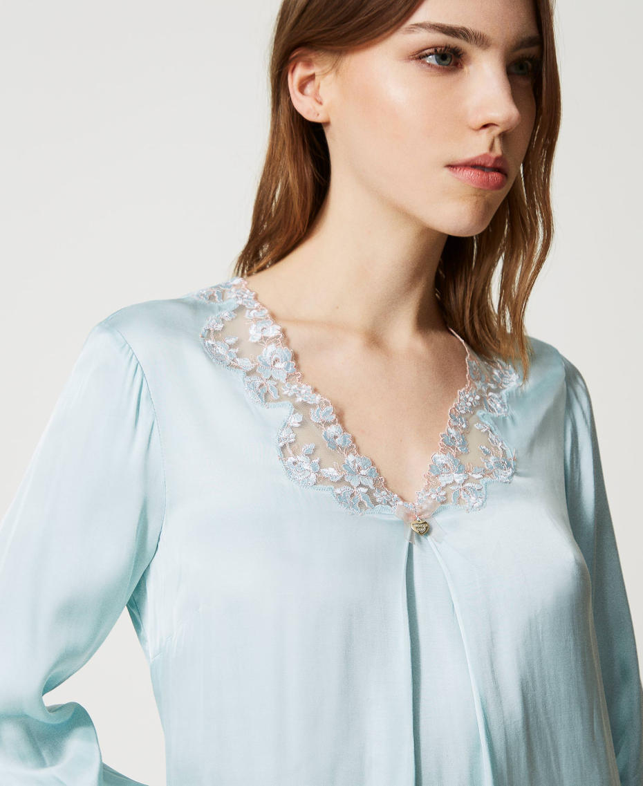 Satin and lace night gown Woman, Light blue | TWINSET Milano
