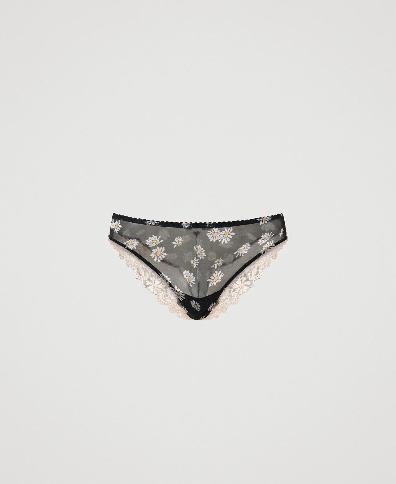 Slip brésilien en tulle avec imprimé marguerites Femme, Noir | TWINSET ...