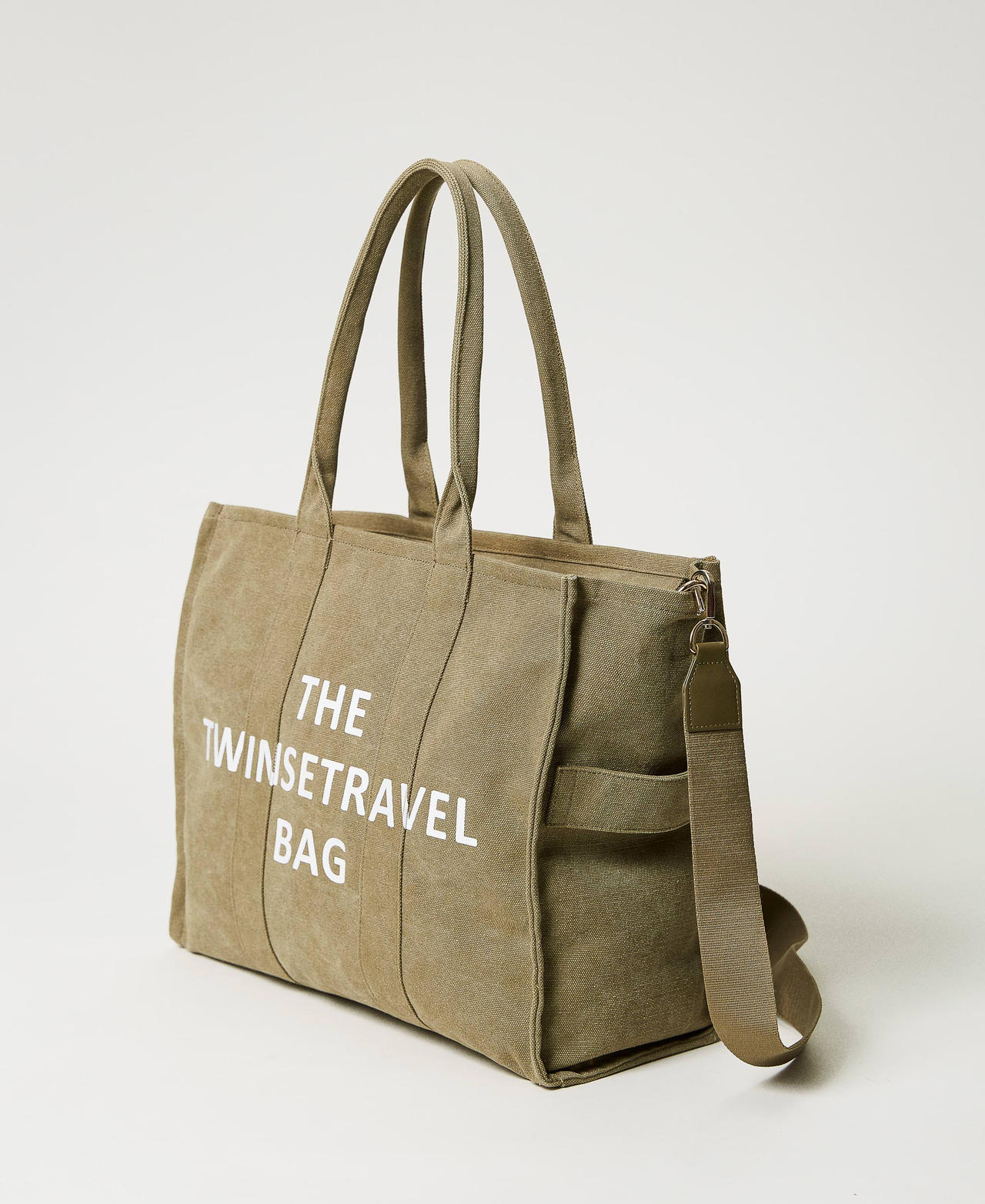 Bolso shopper de lona con logotipo Mujer, Verde | TWINSET Milano