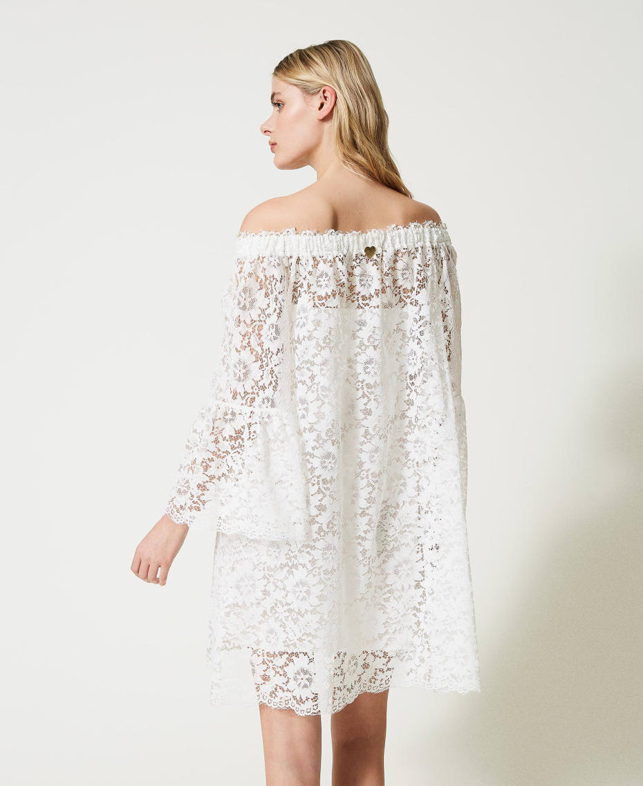 Caftano corto in pizzo macramè Donna, Bianco | TWINSET Milano