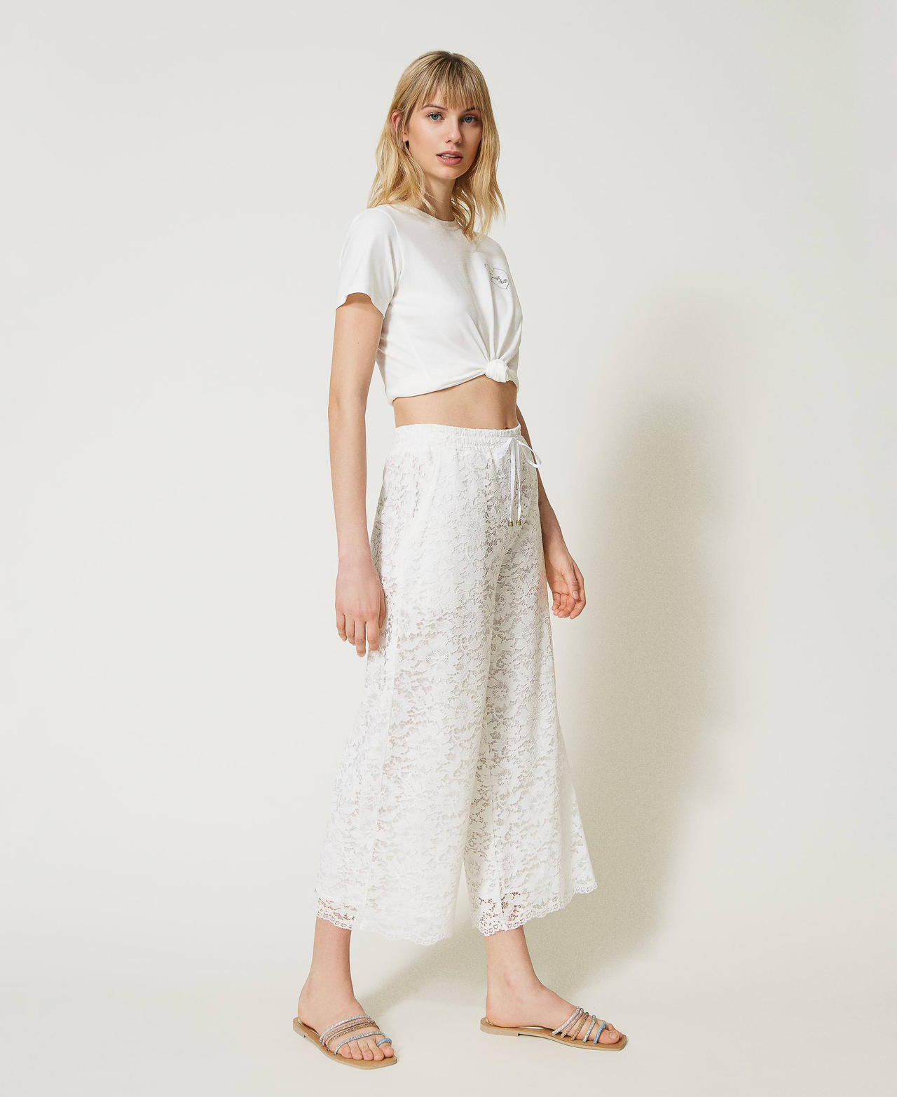 Pantaloni cropped in pizzo macramè Donna, Bianco | TWINSET Milano