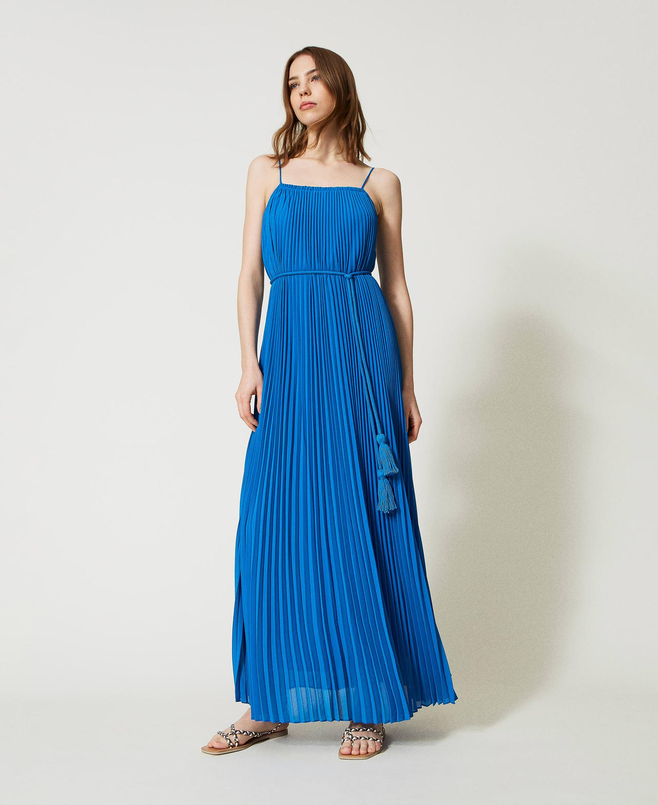 Robe longue plissée avec ceinture Femme, Bleu | TWINSET Milano