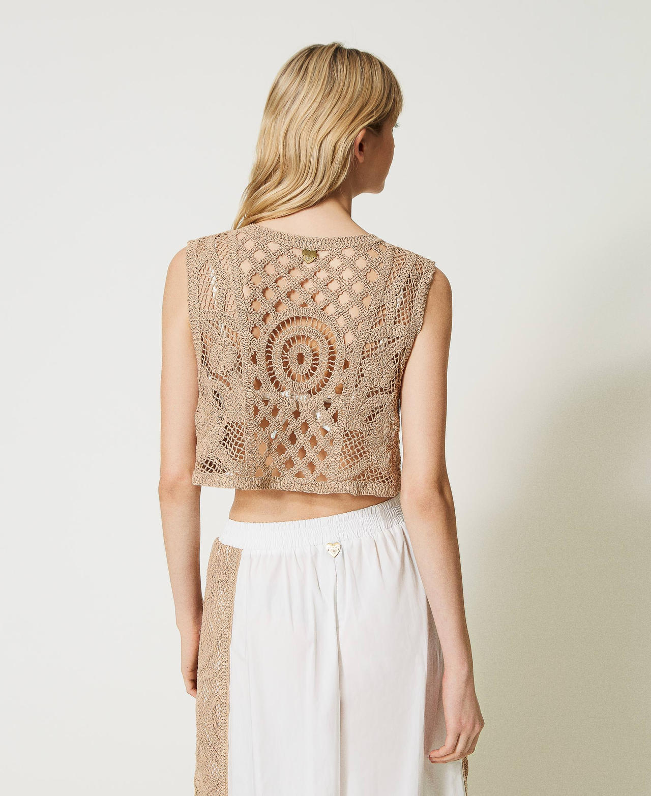 Top cropped de macramé Mujer, Beige | TWINSET Milano