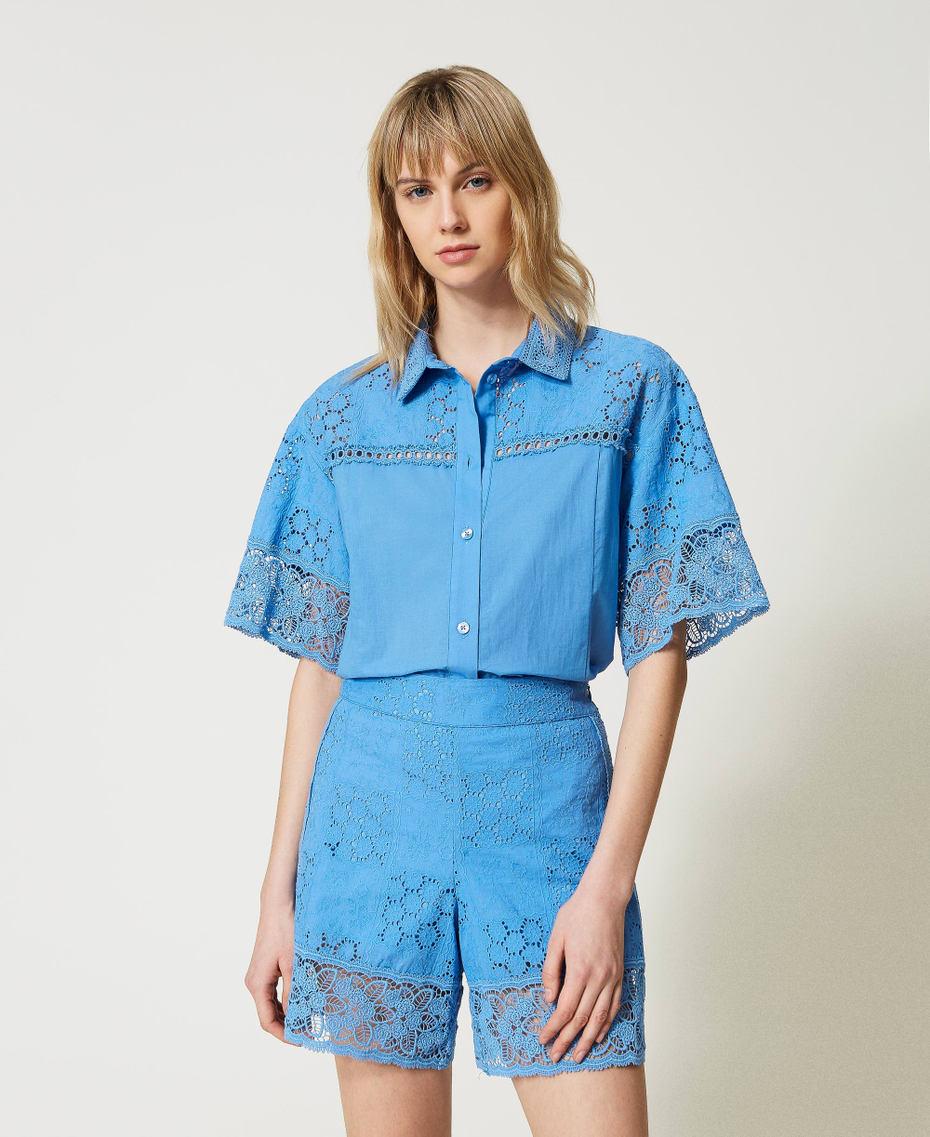 Camicia in popeline con ricami sangallo e pizzo Donna, Blu | TWINSET Milano