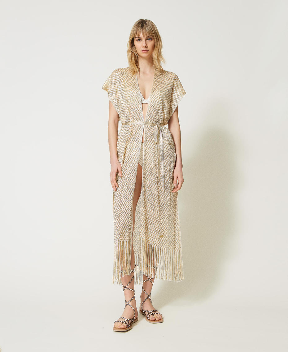 Long poncho with chevron pattern Woman, Beige | TWINSET Milano