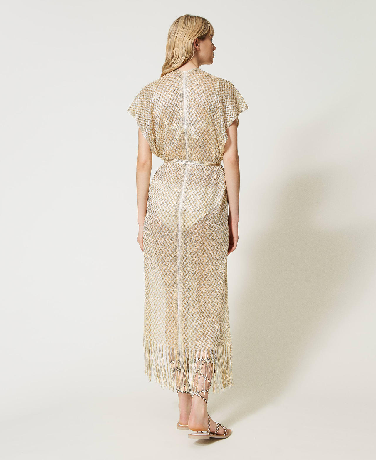 Long poncho with chevron pattern Woman, Beige | TWINSET Milano