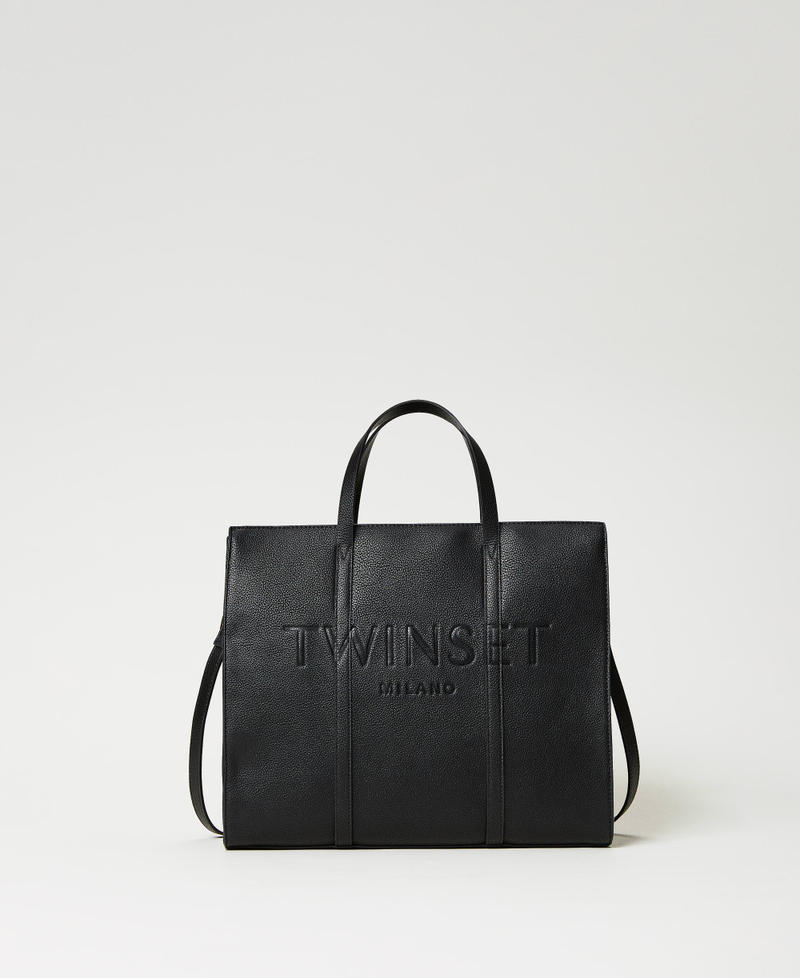 Shopper with embossed logo Woman, Black | TWINSET Milano