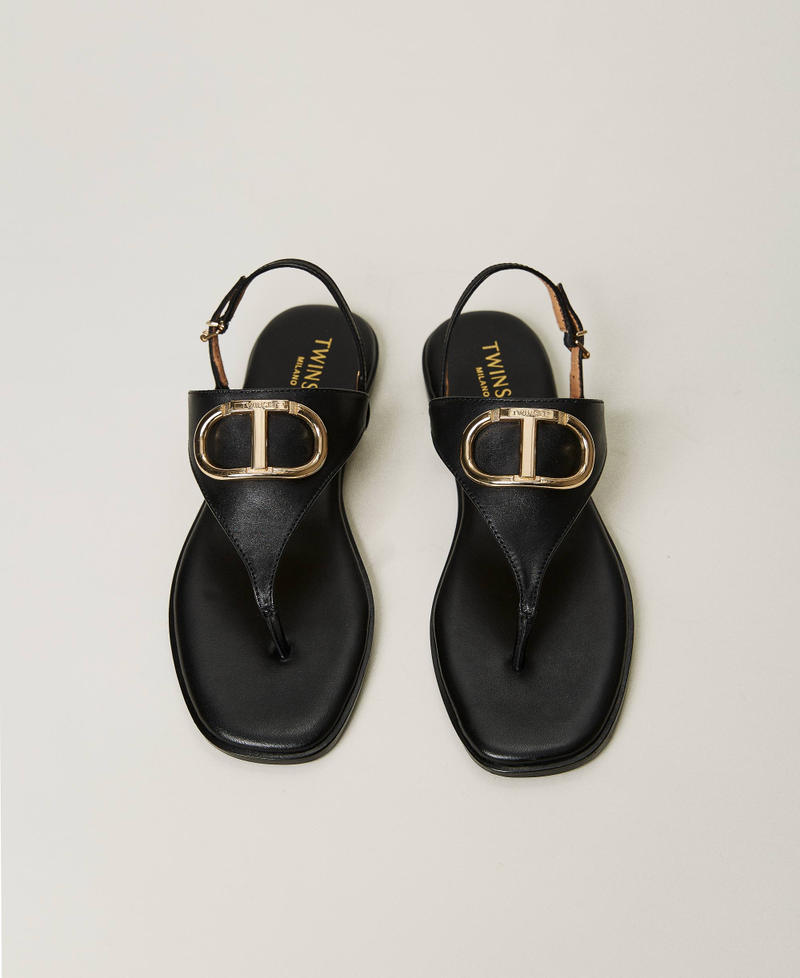 Sandali infradito in pelle con Oval T Donna, Nero | TWINSET Milano