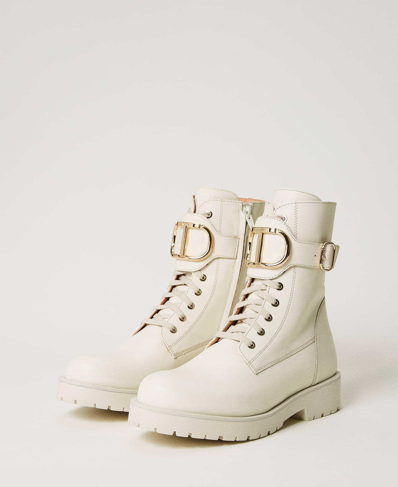 Anfibi in pelle con Oval T Donna, Bianco | TWINSET Milano