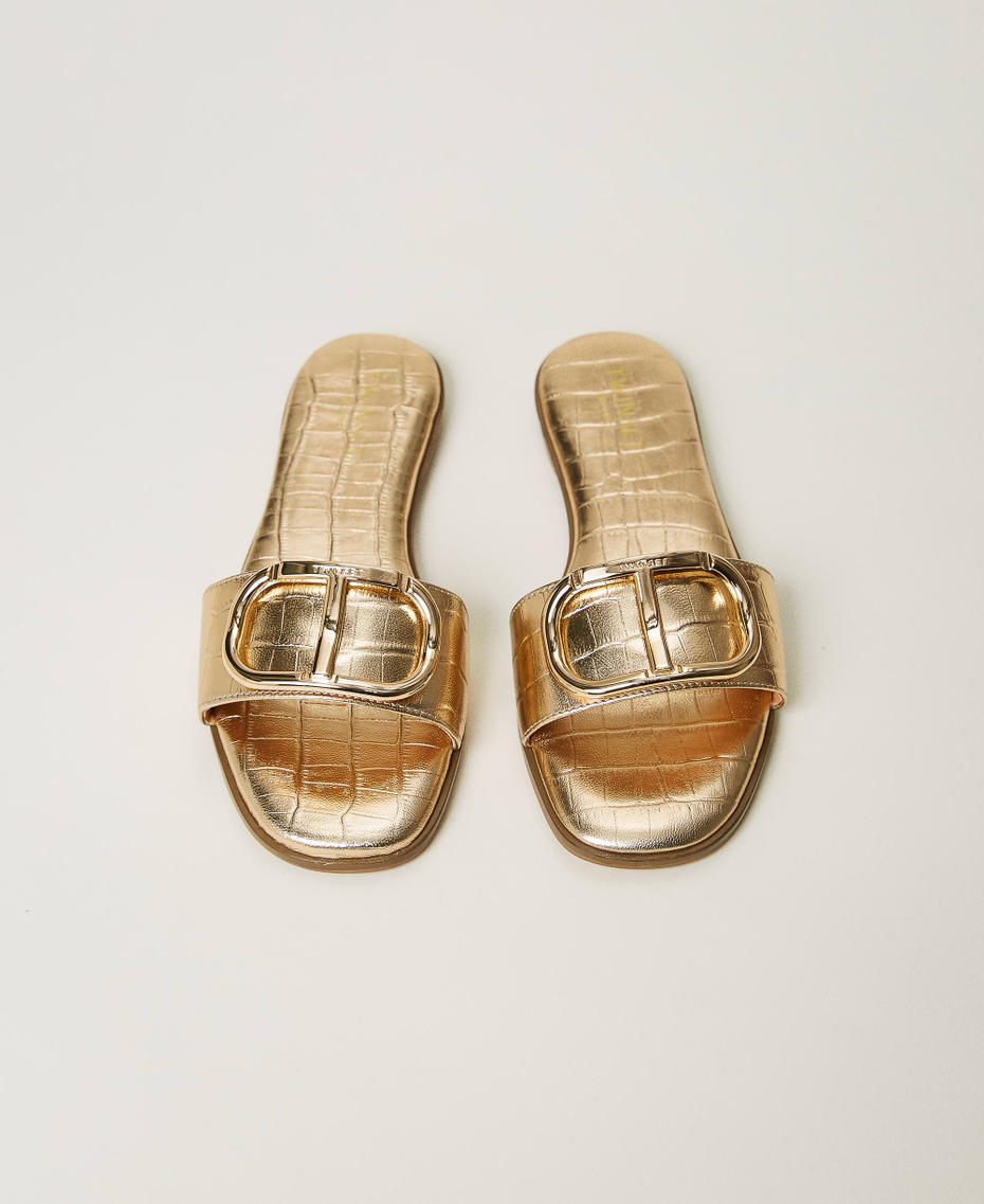 Sandali slide in pelle laminata con Oval T Donna, Giallo | TWINSET Milano