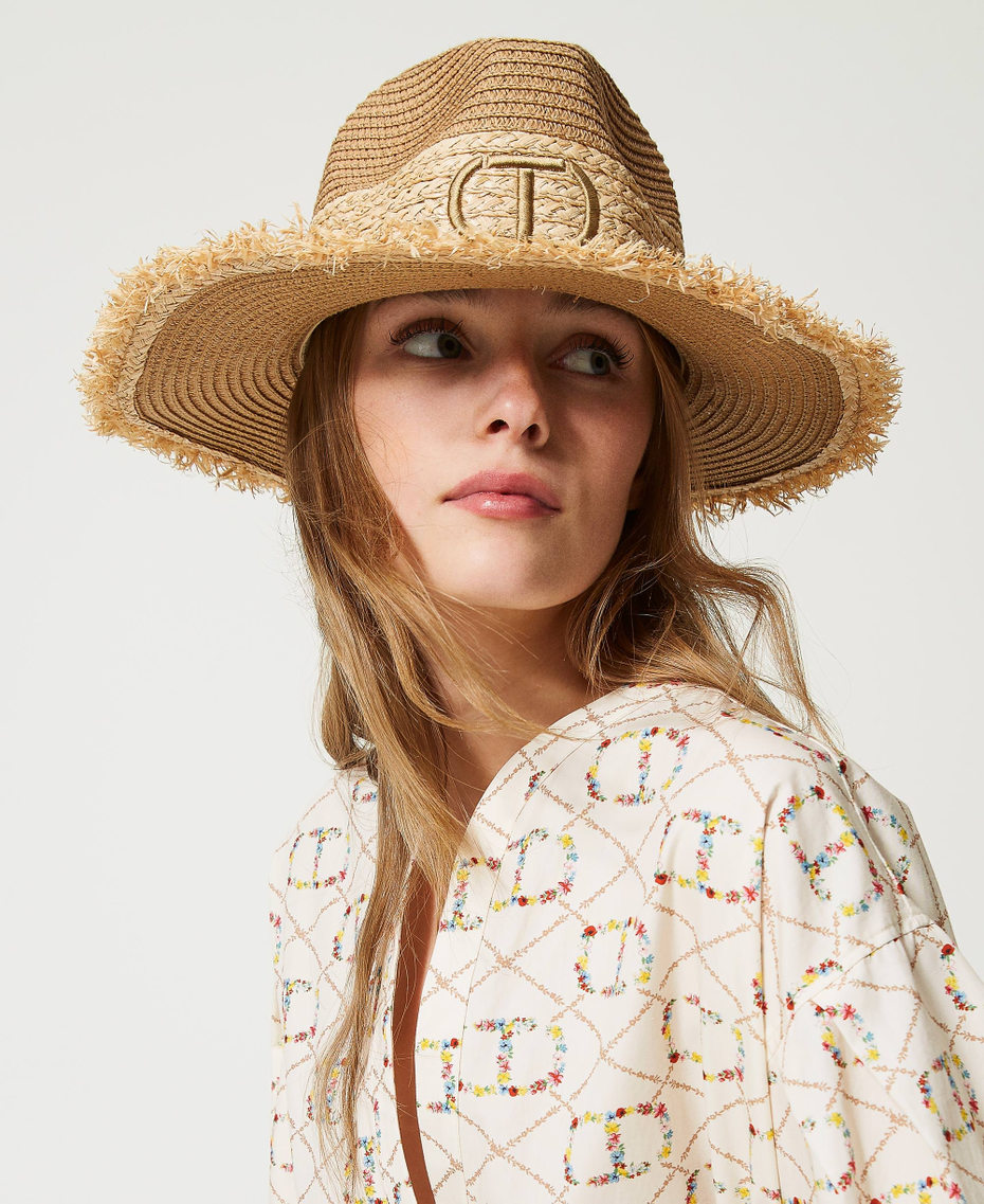 Sombrero de paja bicolor con Oval T Mujer, Amarillo | TWINSET Milano