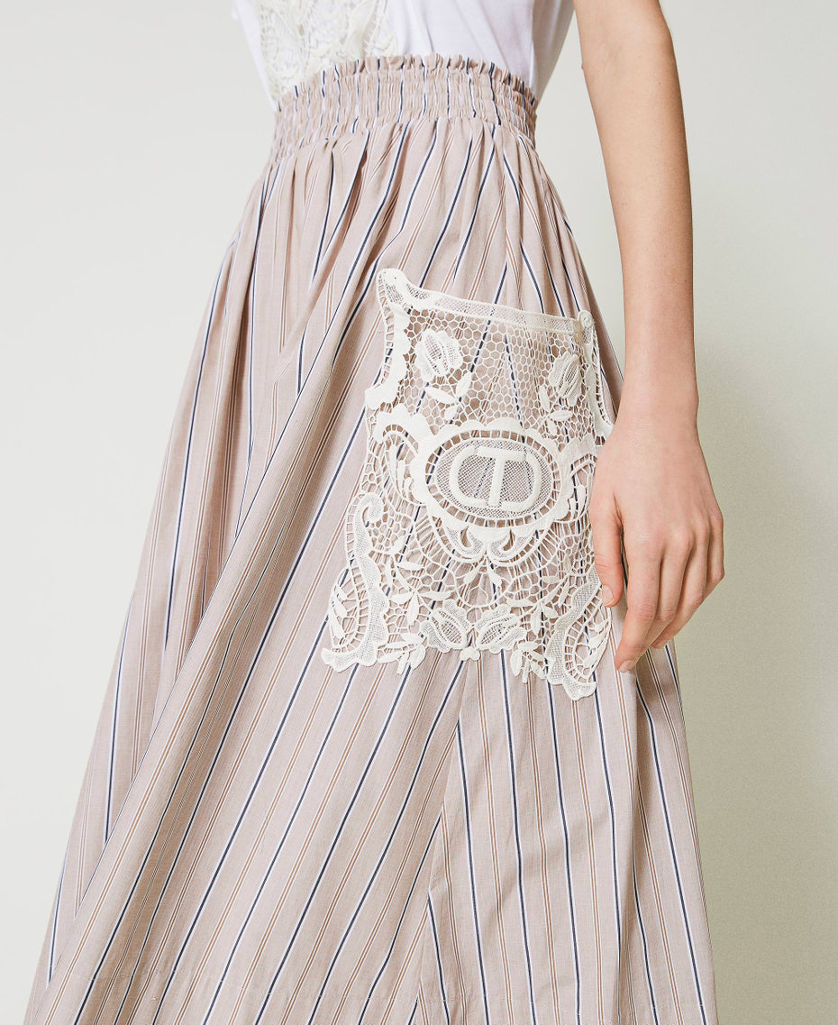 Jupe en popeline rayée avec broderie Femme, Beige | TWINSET Milano