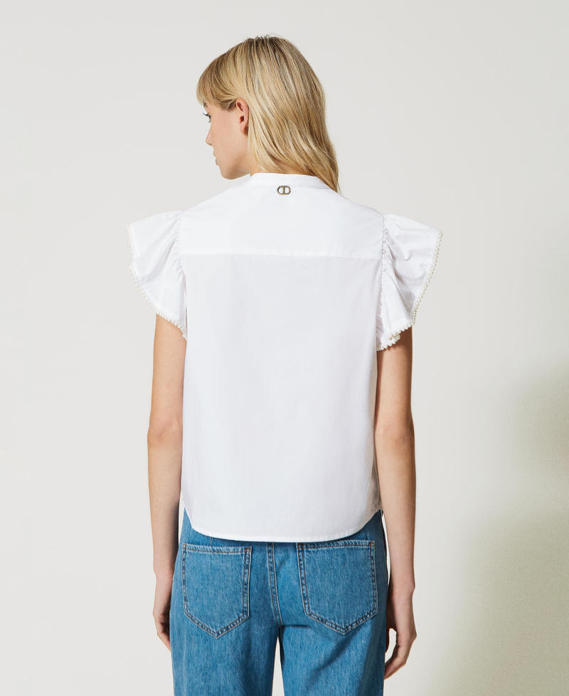 Camicia in popeline con volant e perle Donna, Bianco | TWINSET Milano
