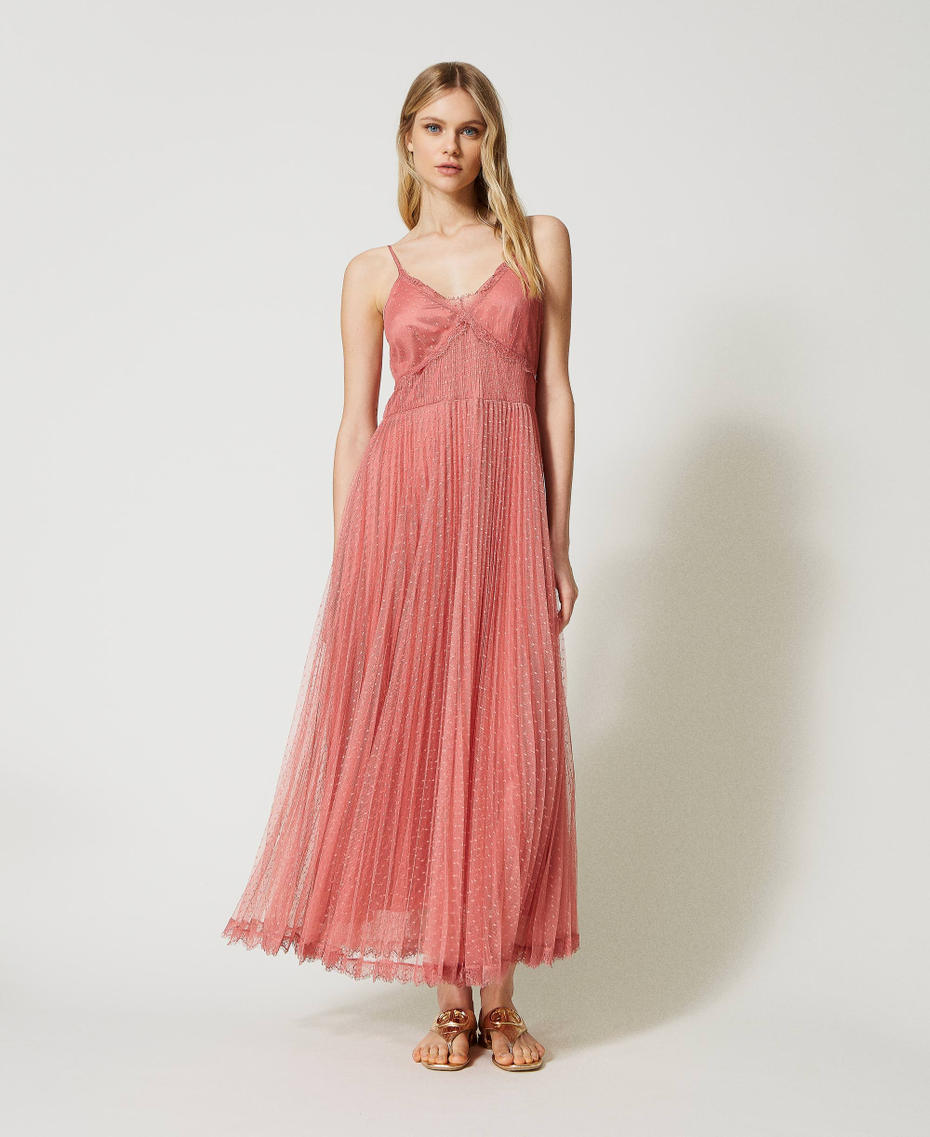 Abito lungo in tulle plumetis Donna, Rosa | TWINSET Milano