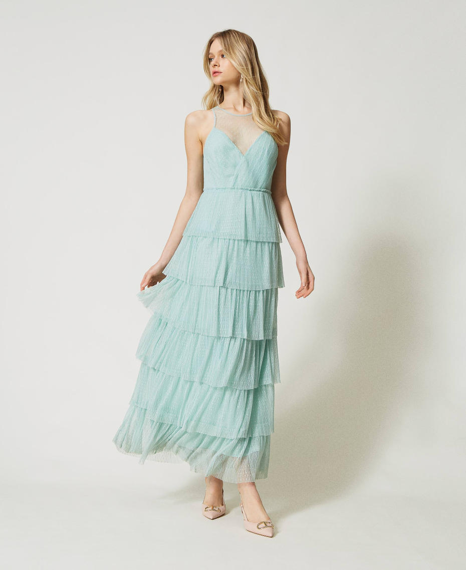 Abito lungo in tulle plumetis a balze Donna, Verde | TWINSET Milano