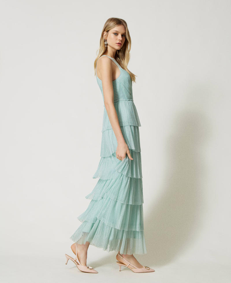 Abito lungo in tulle plumetis a balze Donna, Verde | TWINSET Milano