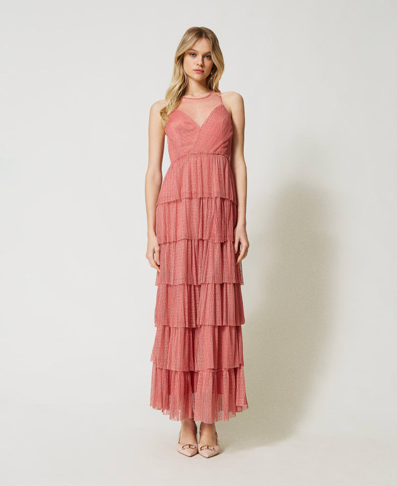 Abito lungo in tulle plumetis a balze Donna, Rosa | TWINSET Milano