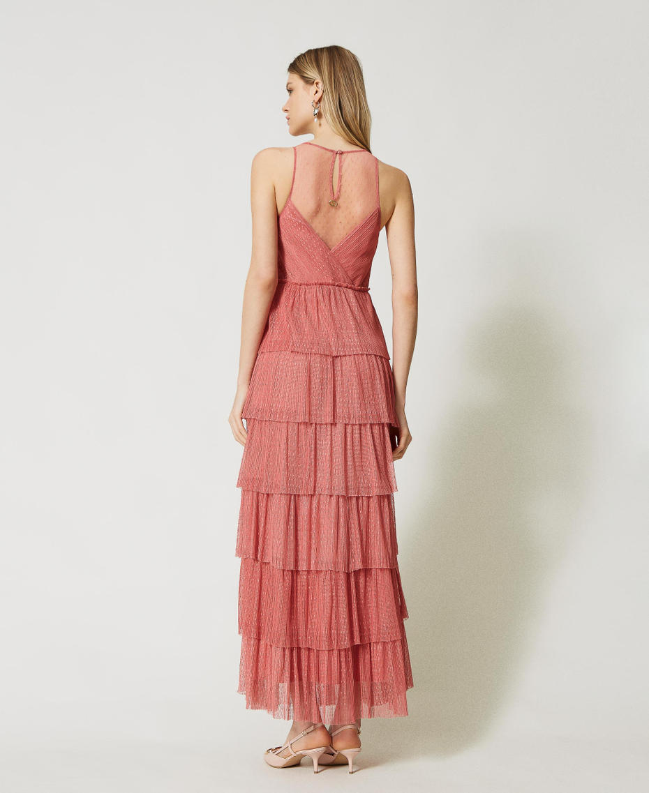 Abito lungo in tulle plumetis a balze Donna, Rosa | TWINSET Milano