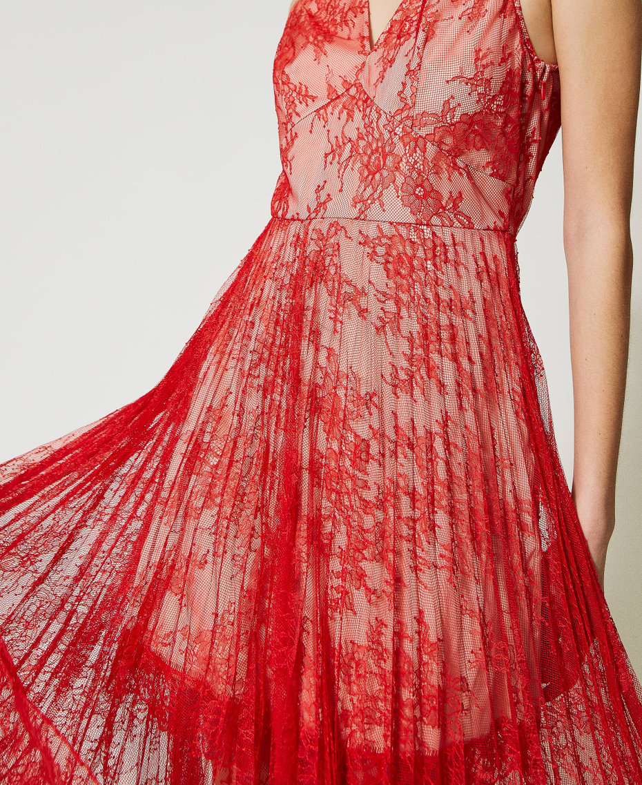 Robe longue plissée en dentelle Femme, Rouge | TWINSET Milano
