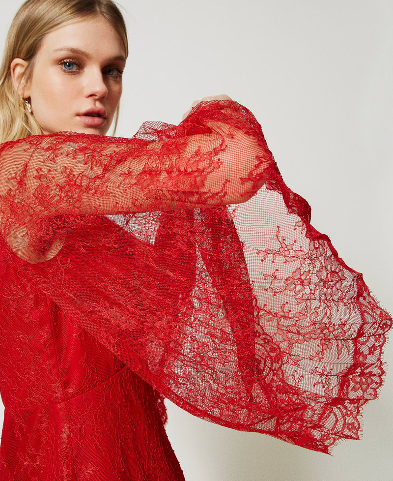 Vestido corto de encaje plisado Mujer, Rojo | TWINSET Milano