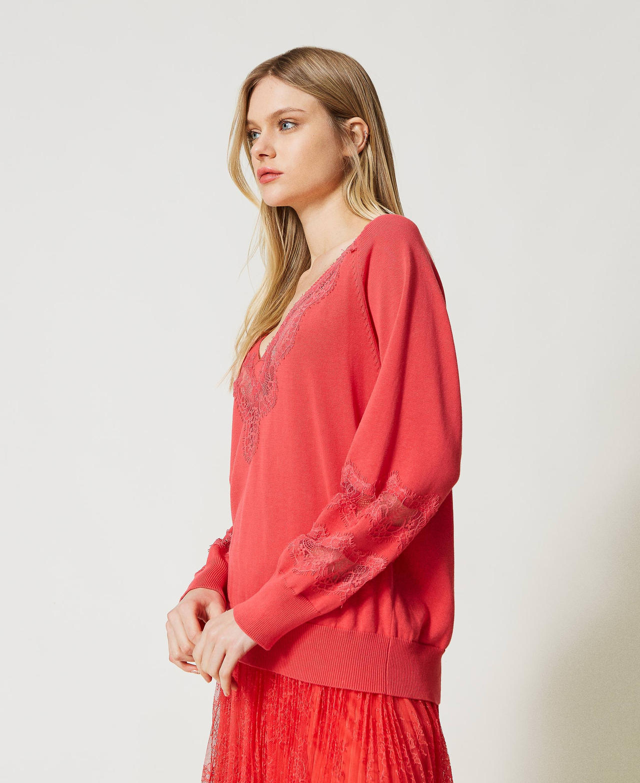 Maxi maglia con inserti in pizzo Donna, Rosa | TWINSET Milano