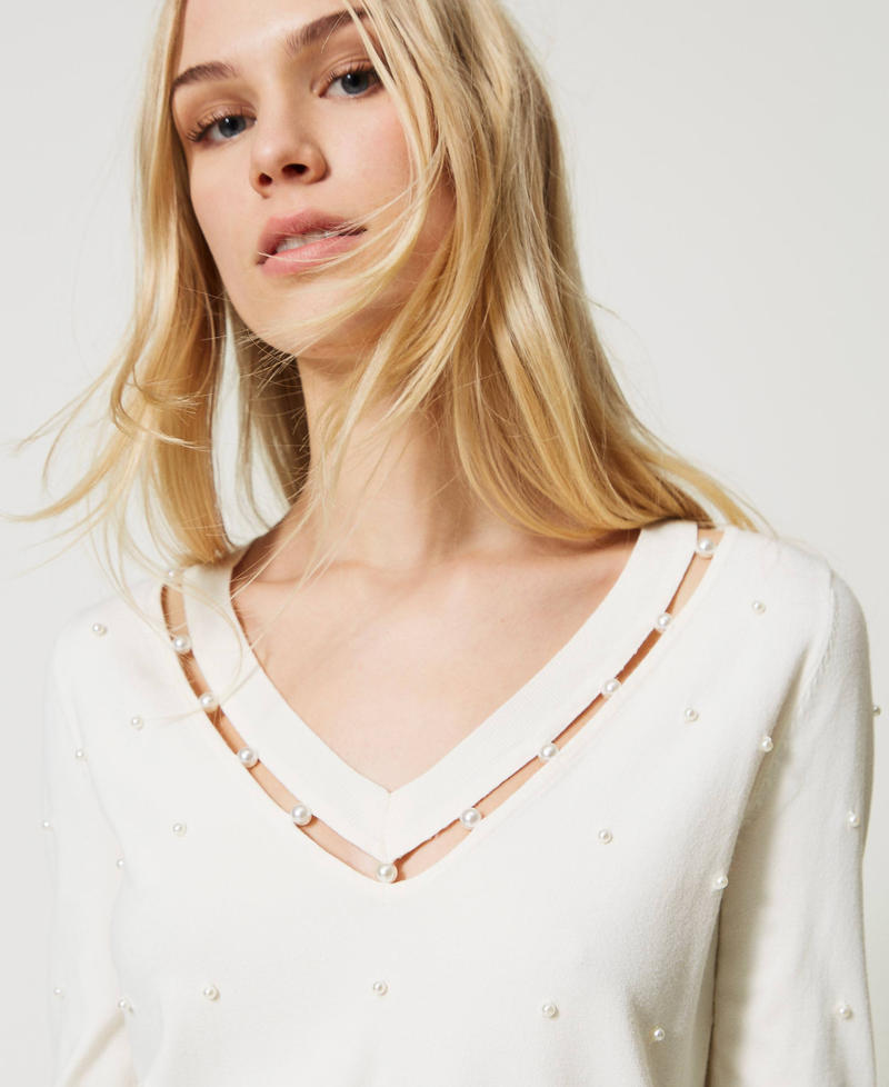 Pull avec broderie de perles réalisée à la main Femme, Blanc | TWINSET ...