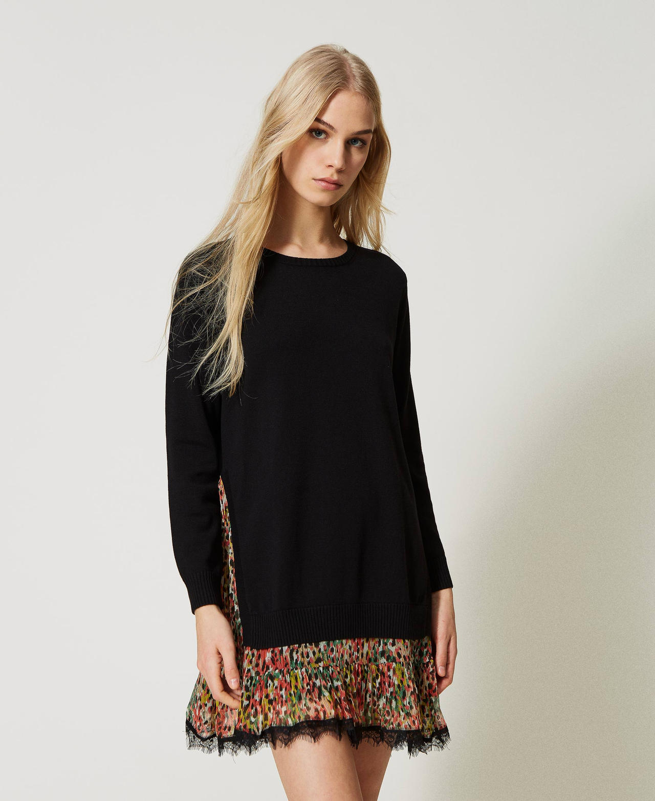 Knitted dress with printed creponne Woman, Black | TWINSET Milano
