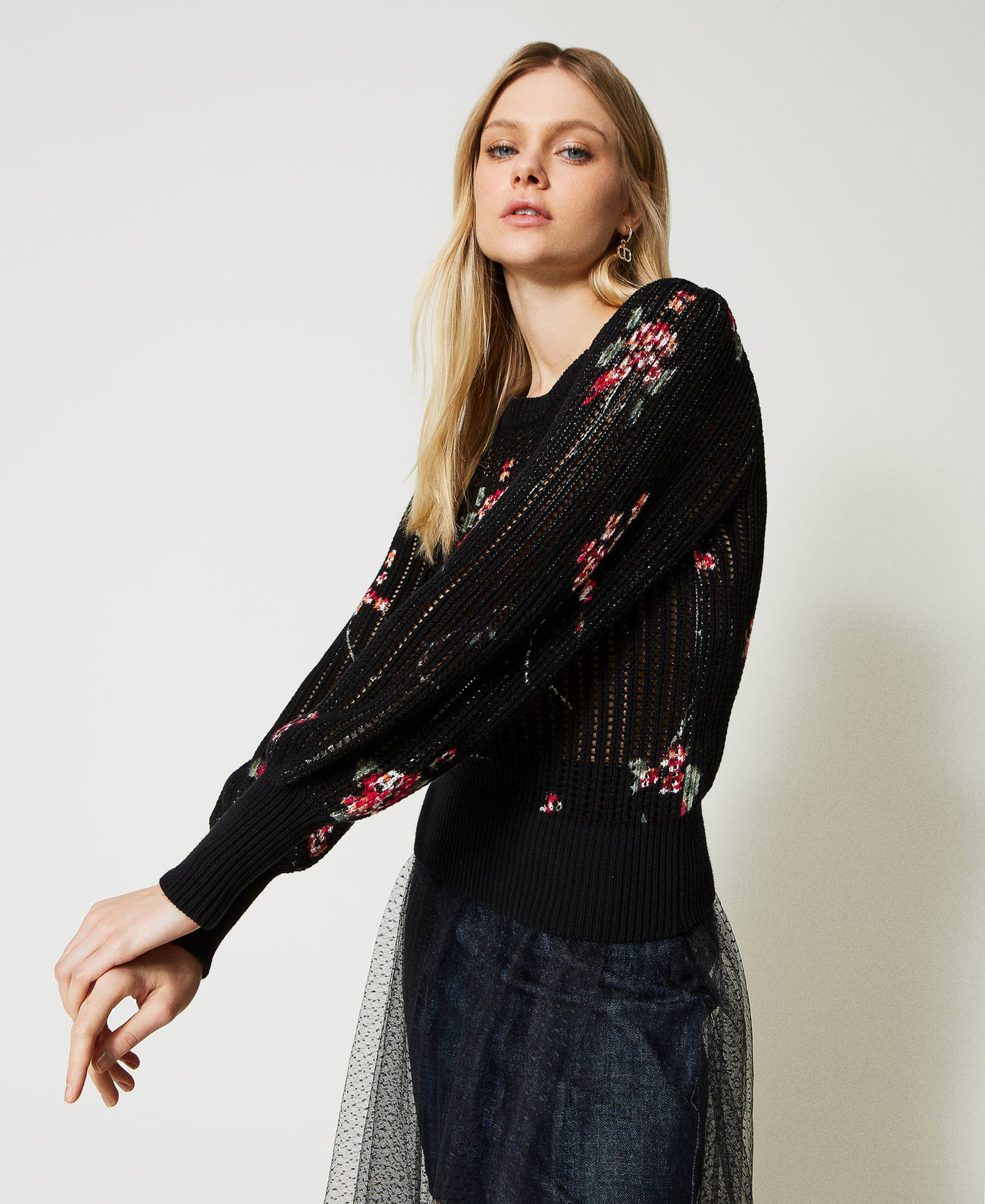 Pull filet avec imprimé floral Femme, Noir | TWINSET Milano
