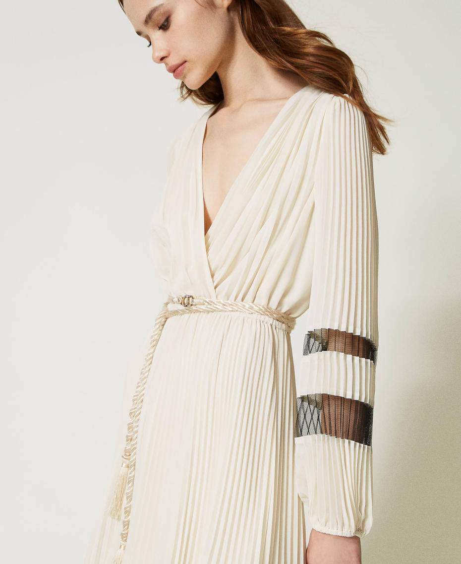 Robe longue en crêpe georgette et tulle plissé Femme, Noir | TWINSET Milano