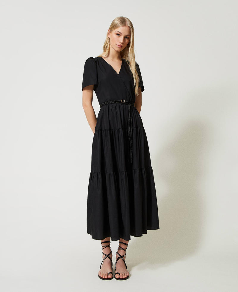 Abito lungo in popeline a balze arricciate Donna, Nero | TWINSET Milano