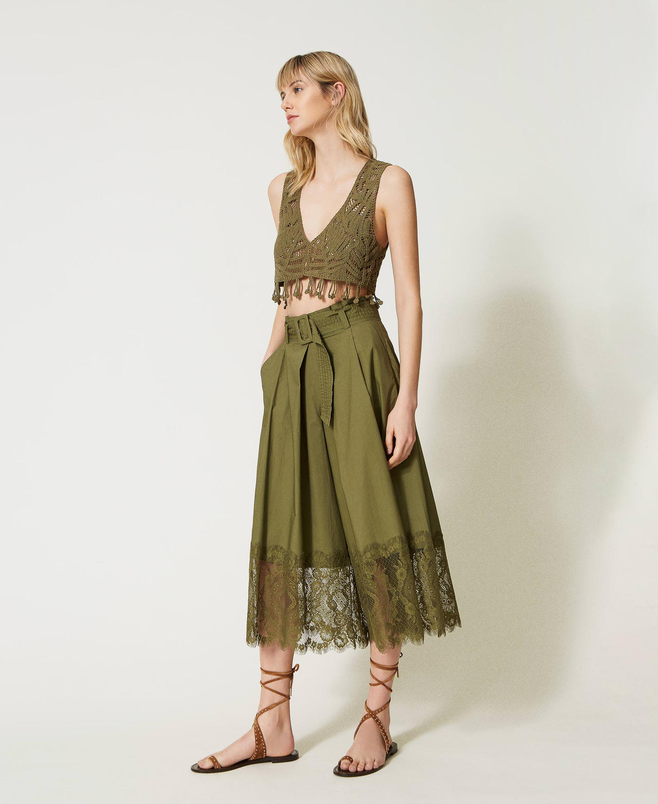 Gonna pantalone in popeline con pizzo Donna, Verde | TWINSET Milano