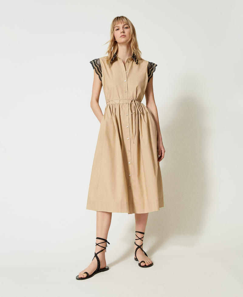 Long poplin shirt dress with two-tone lace Woman, Beige | TWINSET Milano
