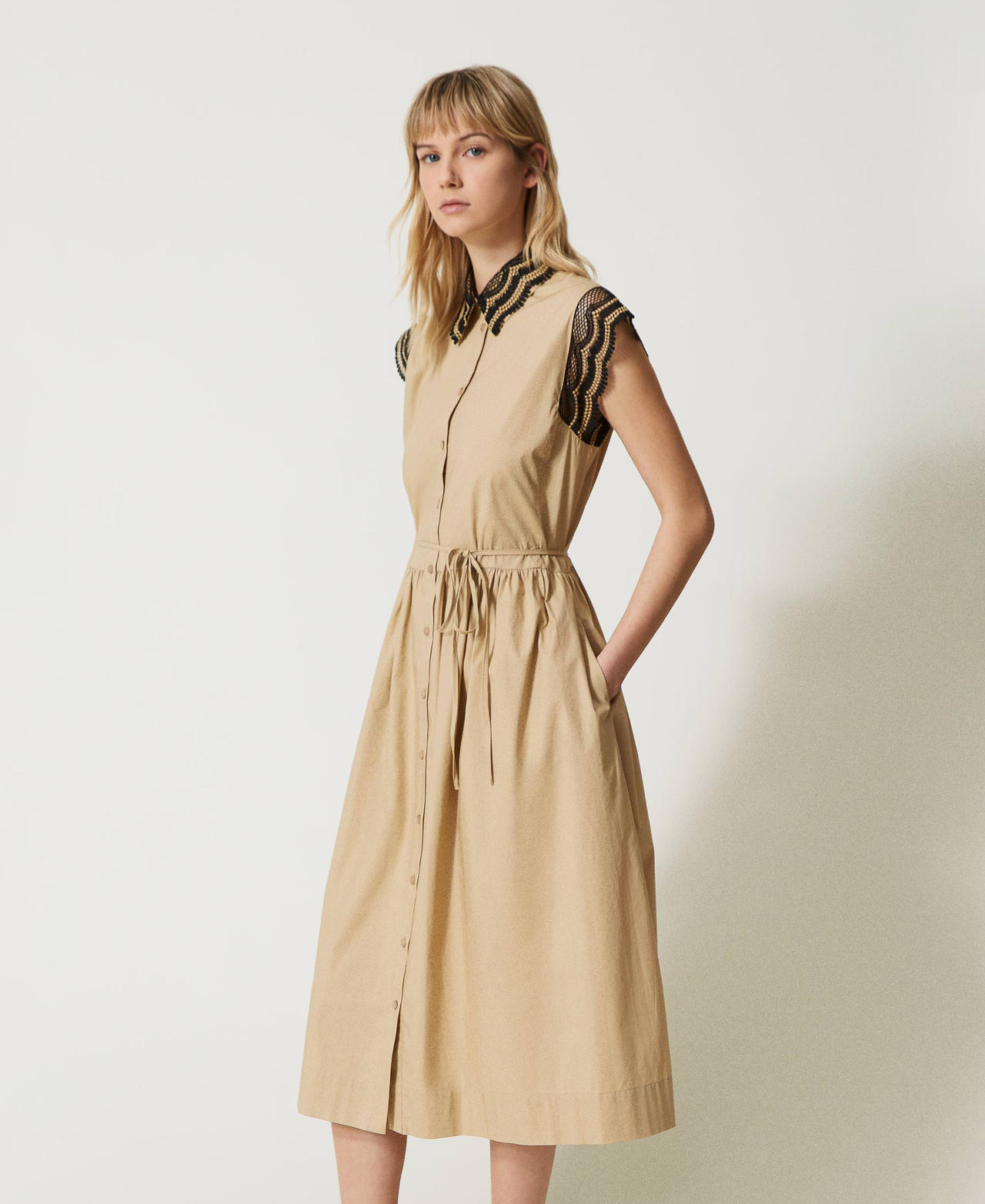 Abito chemisier lungo in popeline con pizzo bicolore Donna, Beige ...
