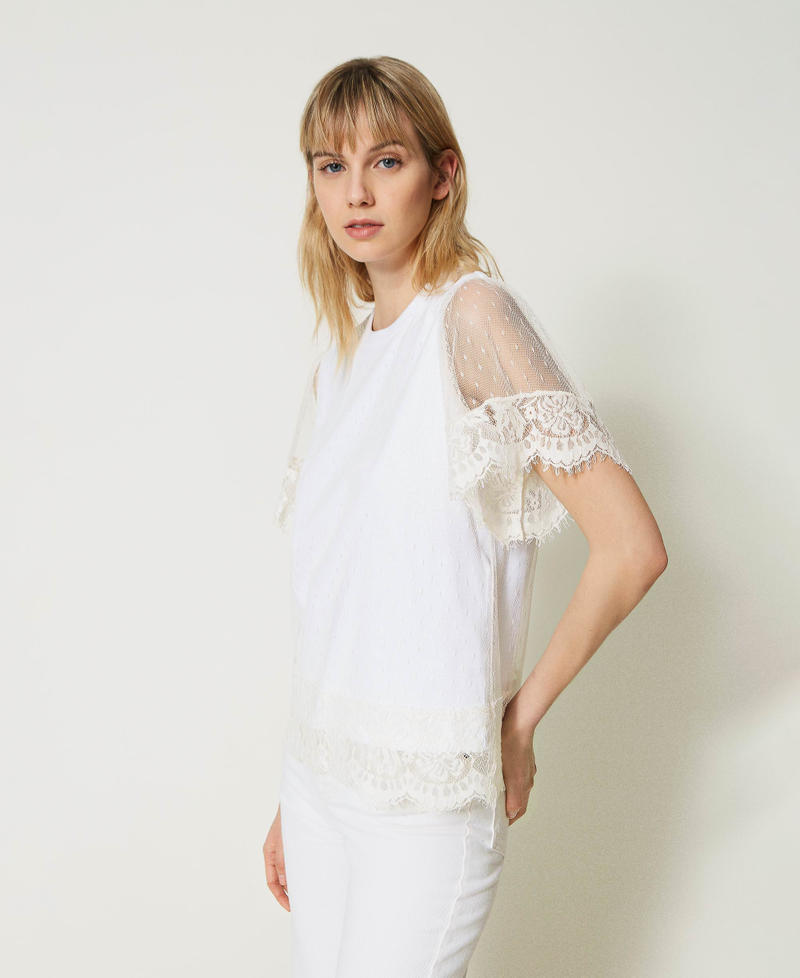 Top de tul plumetis y encaje Mujer, Blanco | TWINSET Milano