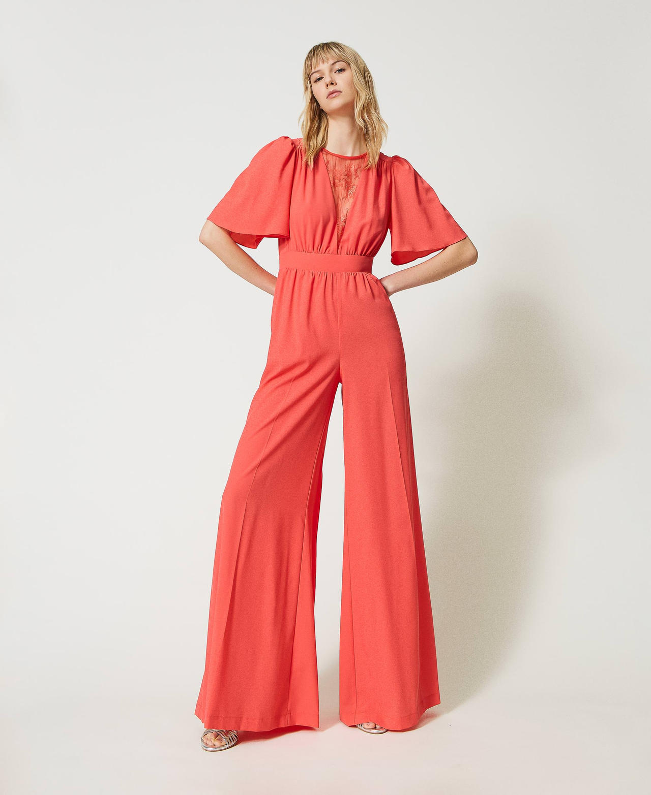 Combinaison en crêpe de Chine et dentelle Femme, Rouge | TWINSET Milano