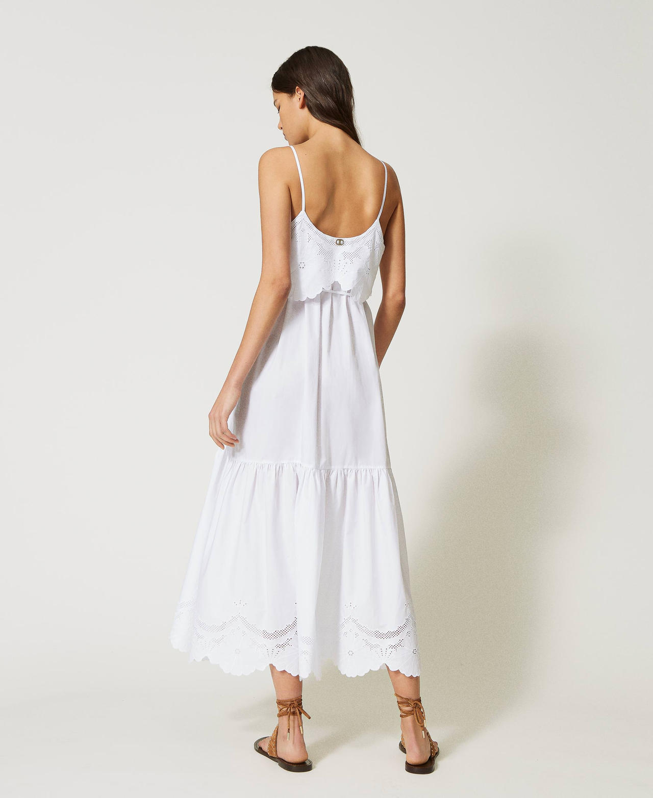 Robe longue en popeline avec broderies anglaises Femme, Blanc | TWINSET Milano