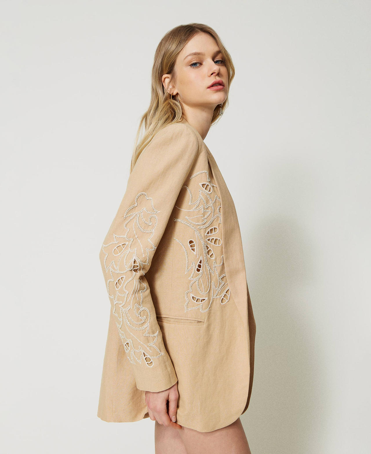 Chaqueta Blazer De Lino Y Lúrex Con Bordado Mujer Beige Twinset Milano
