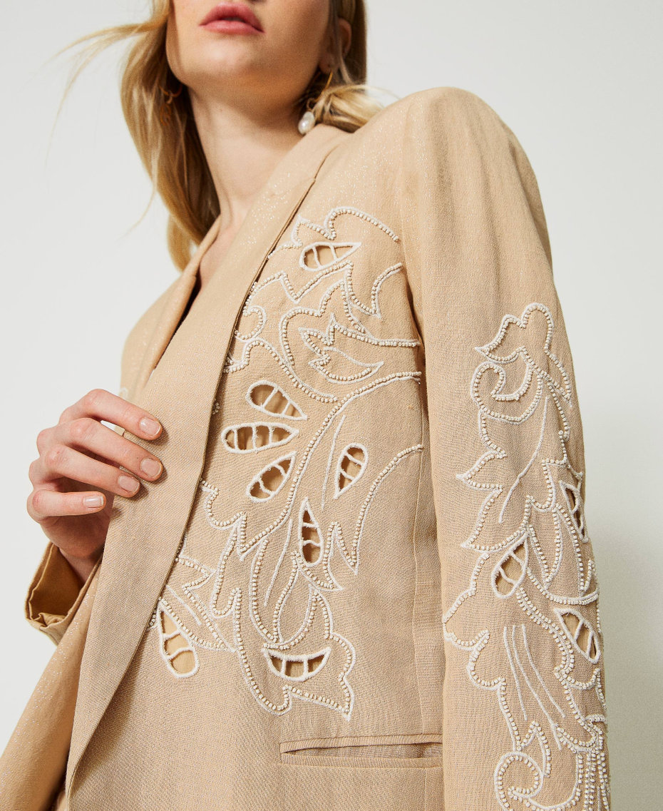 Chaqueta blazer de lino y lúrex con bordado Mujer, Beige | TWINSET Milano