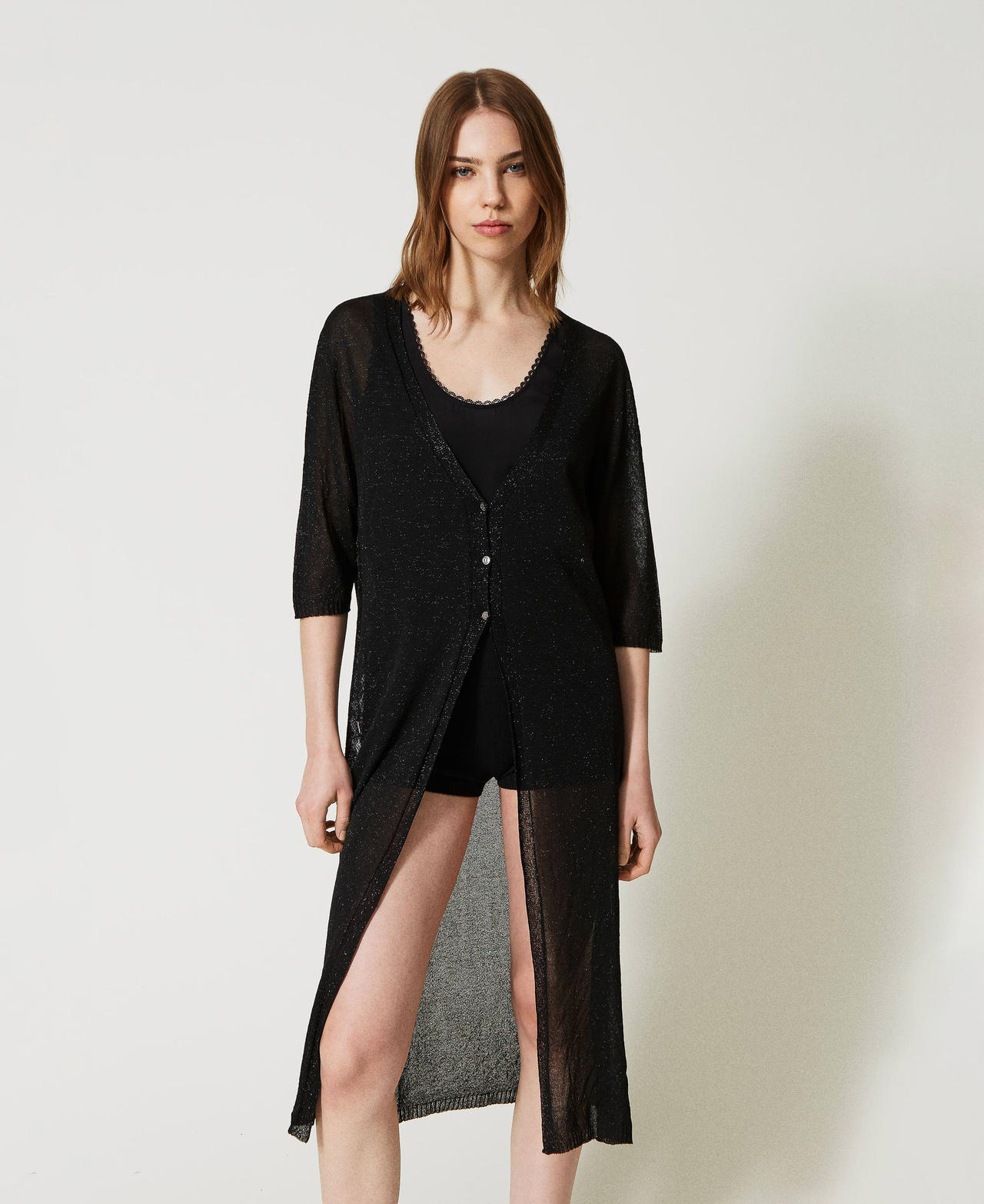 Cárdigan largo de tejido de lúrex Mujer, Negro | TWINSET Milano