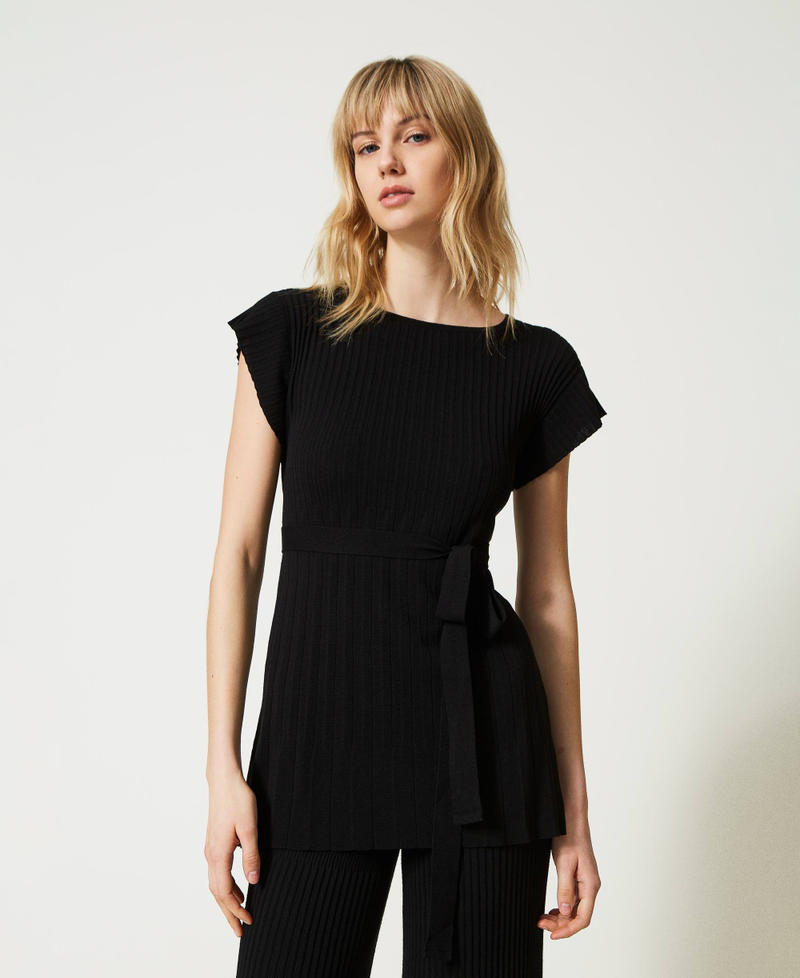 Jumper with pleats and belt Woman, Black | TWINSET Milano
