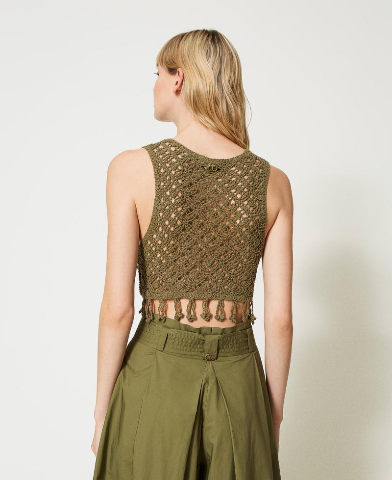 Chaleco cropped de ganchillo con flecos Mujer, Verde | TWINSET Milano