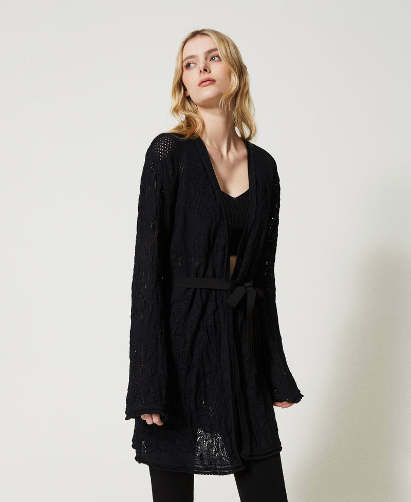Cárdigan largo con flores caladas Mujer, Negro | TWINSET Milano