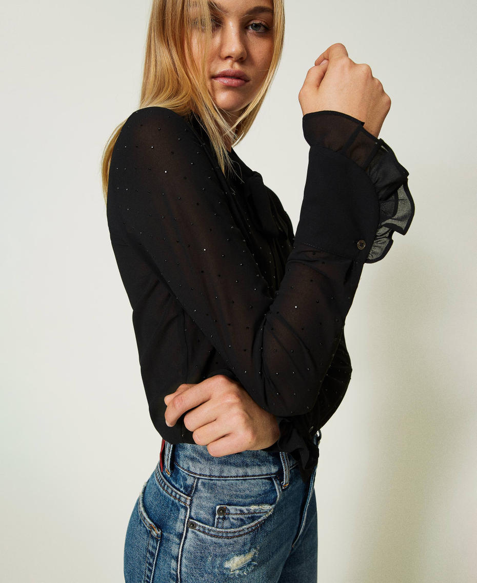 Chemise en crêpe georgette avec nœud et strass Femme, Noir | TWINSET Milano