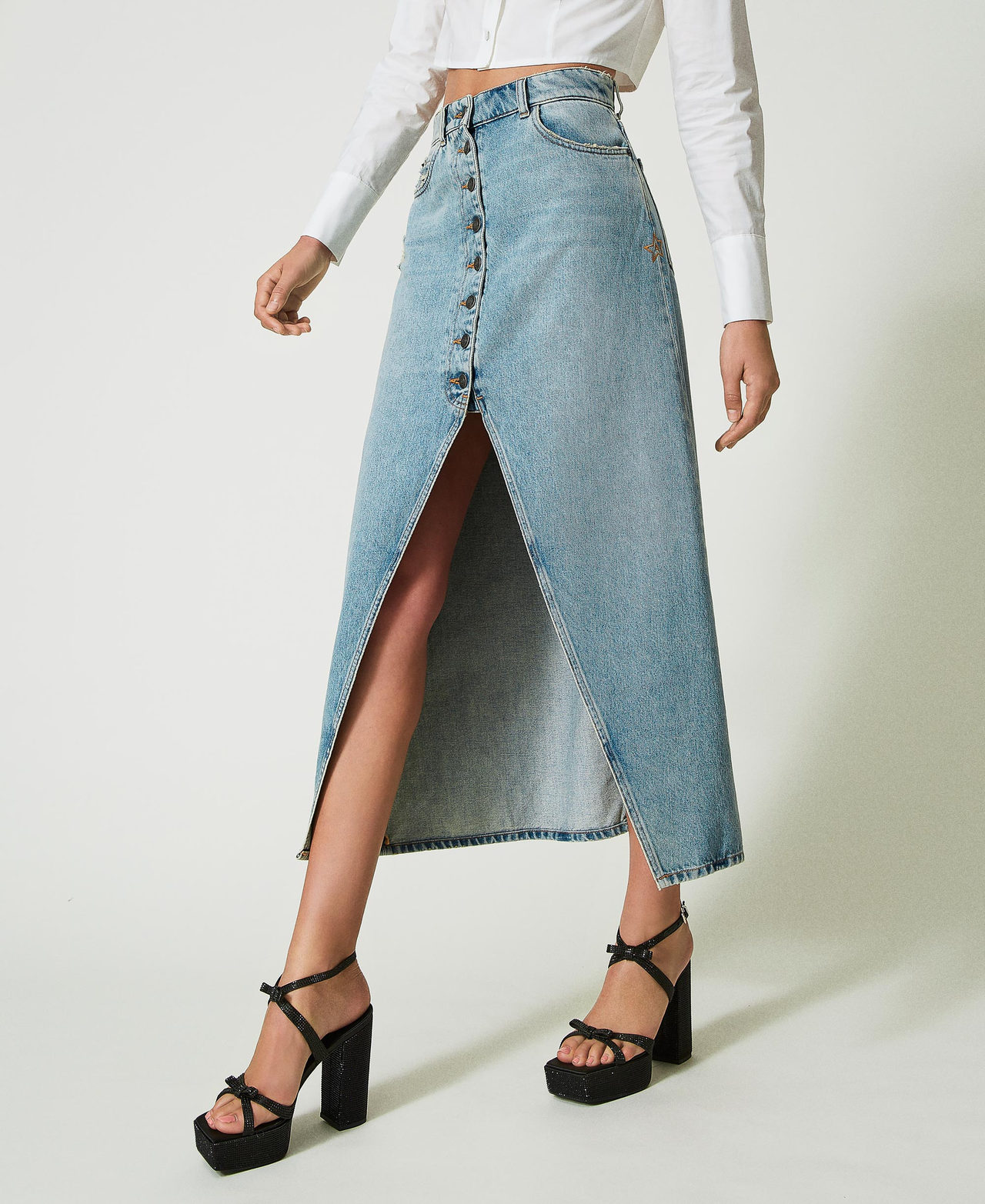 Gonna longuette in jeans con spacco Donna, Azzurro | TWINSET Milano