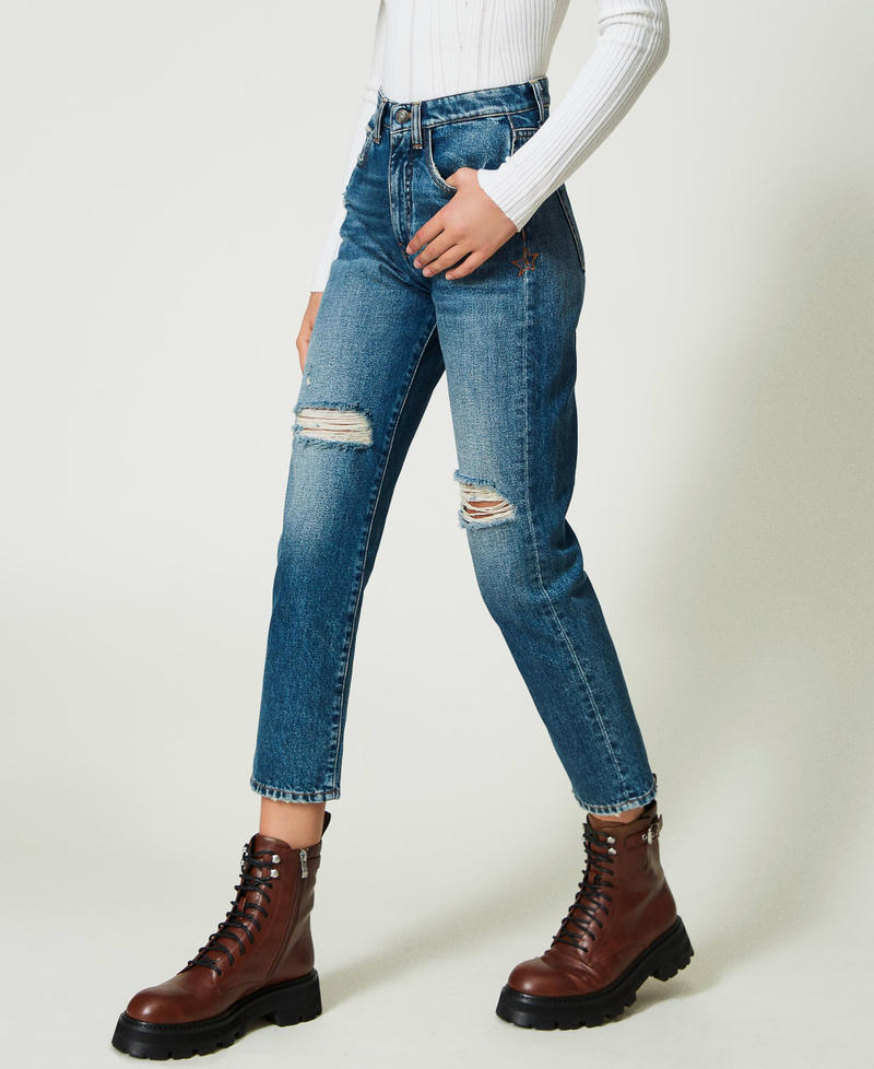 Straight fit jeans with rips Woman, Blue | TWINSET Milano